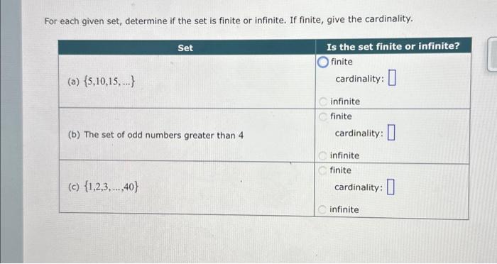 Solved For Each Given Set Determine If The Set Is Finite Or