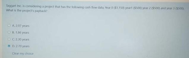 Solved Taggart Inc is considering a project that has the | Chegg.com