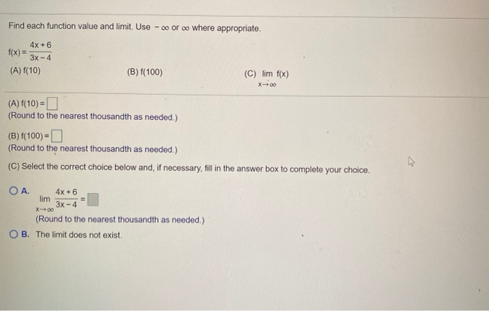 Solved Find each function value and limit. Use - ooroo where | Chegg.com