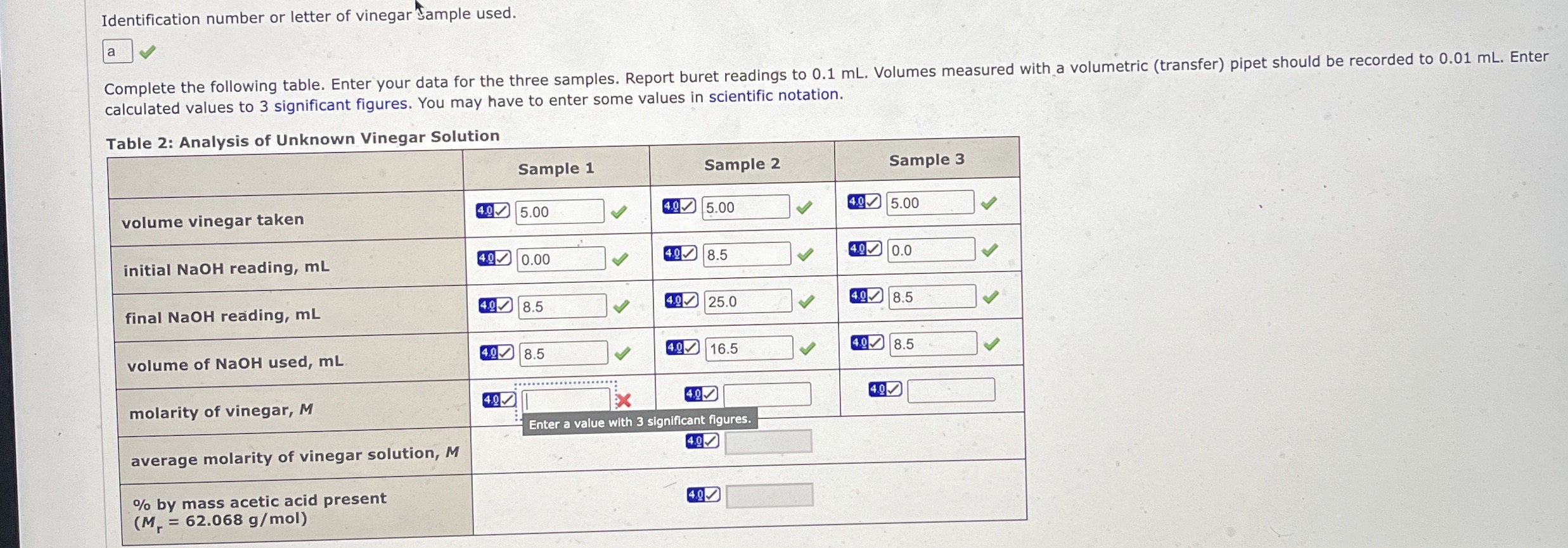 Identification number or letter of vinegar Sample | Chegg.com