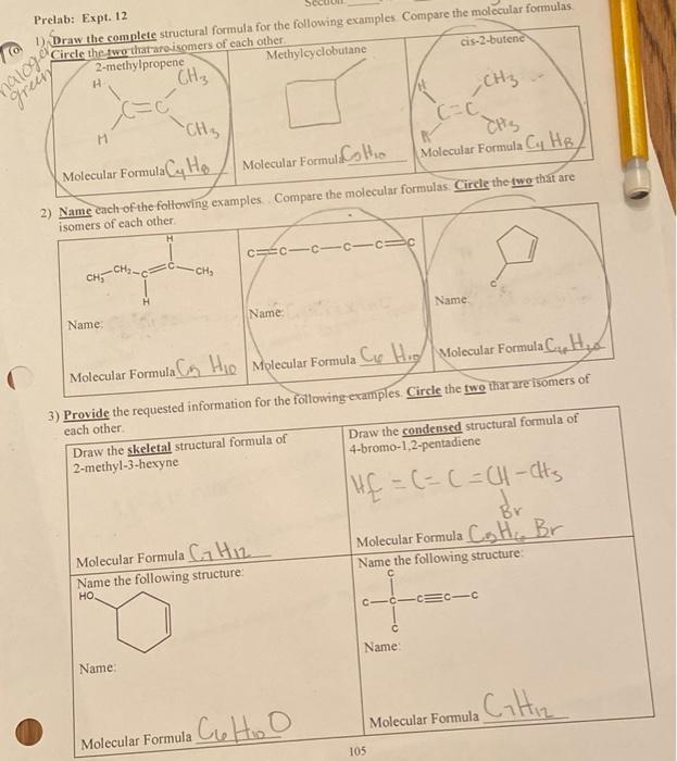 Solved 1) 10 Prelab: Expt. 12 Draw the complete structural | Chegg.com