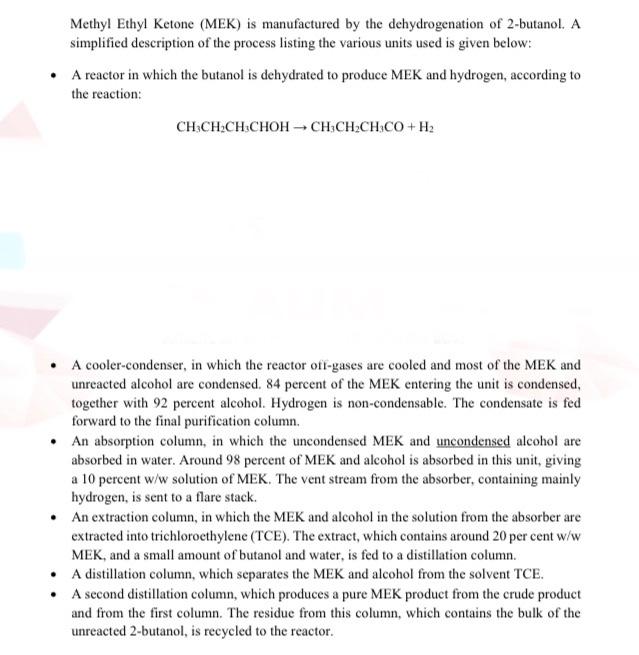 Solved Methyl Ethyl Ketone (MEK) is manufactured by the | Chegg.com