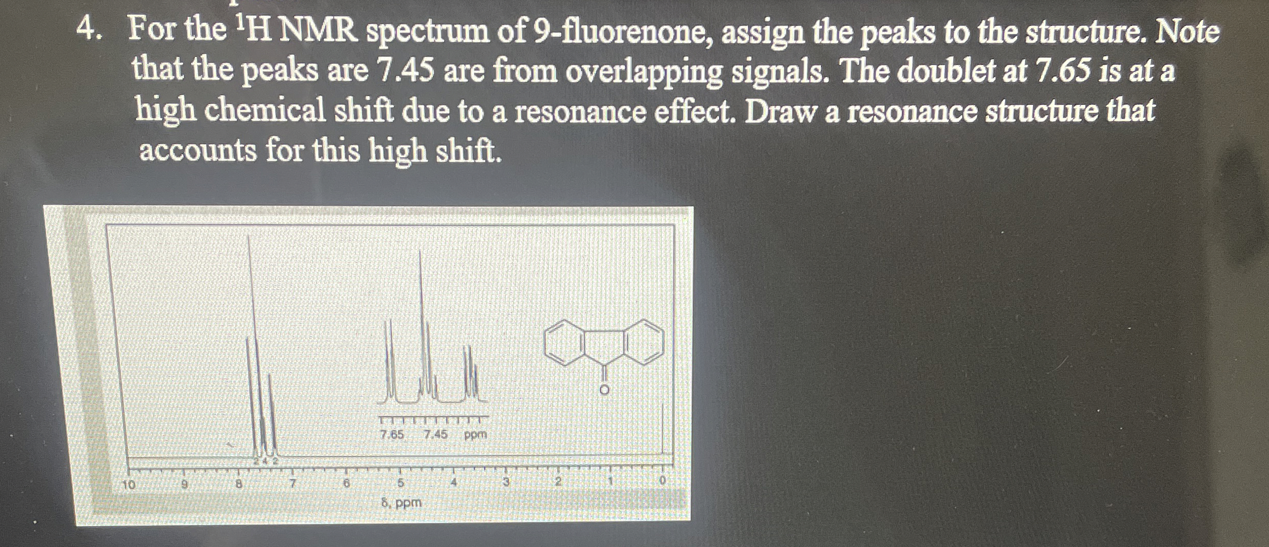 Solved For the ?1H ﻿NMR spectrum of 9-fluorenone, assign the | Chegg.com