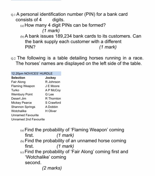 Solved Q1 A personal identification number (PIN) for a bank | Chegg.com