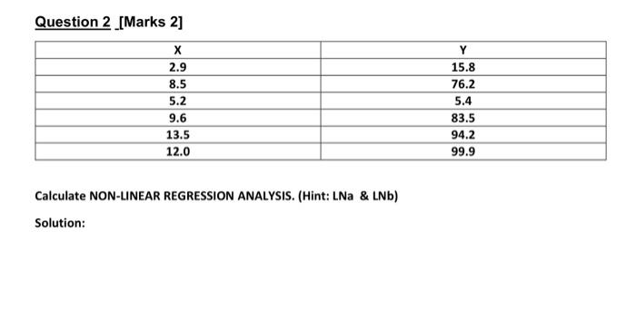 Solved Question 2 _[Marks 2] Calculate NON-LINEAR REGRESSION | Chegg.com