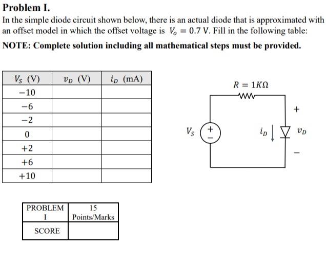 Solved Problem I. In the simple diode circuit shown below, | Chegg.com