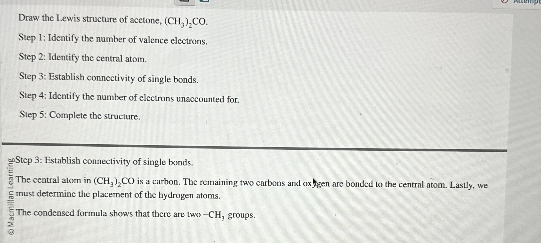 Solved Draw the Lewis structure of acetone, (CH3)2CO.Step 1: | Chegg.com