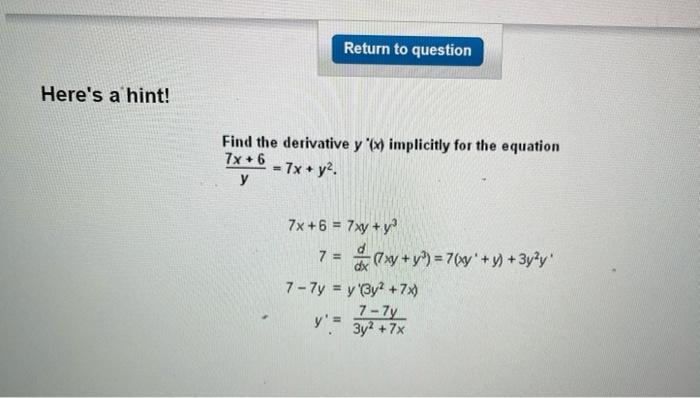 Solved Find the derivative y′(x) implicitly for the equation | Chegg.com