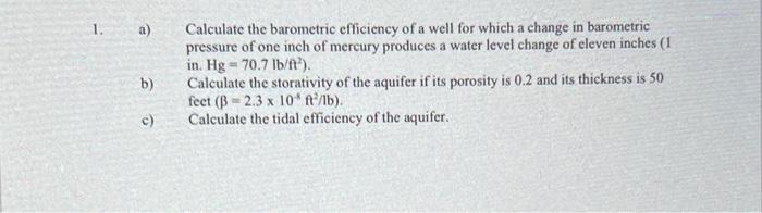 Solved a) Calculate the barometric efficiency of a well for | Chegg.com