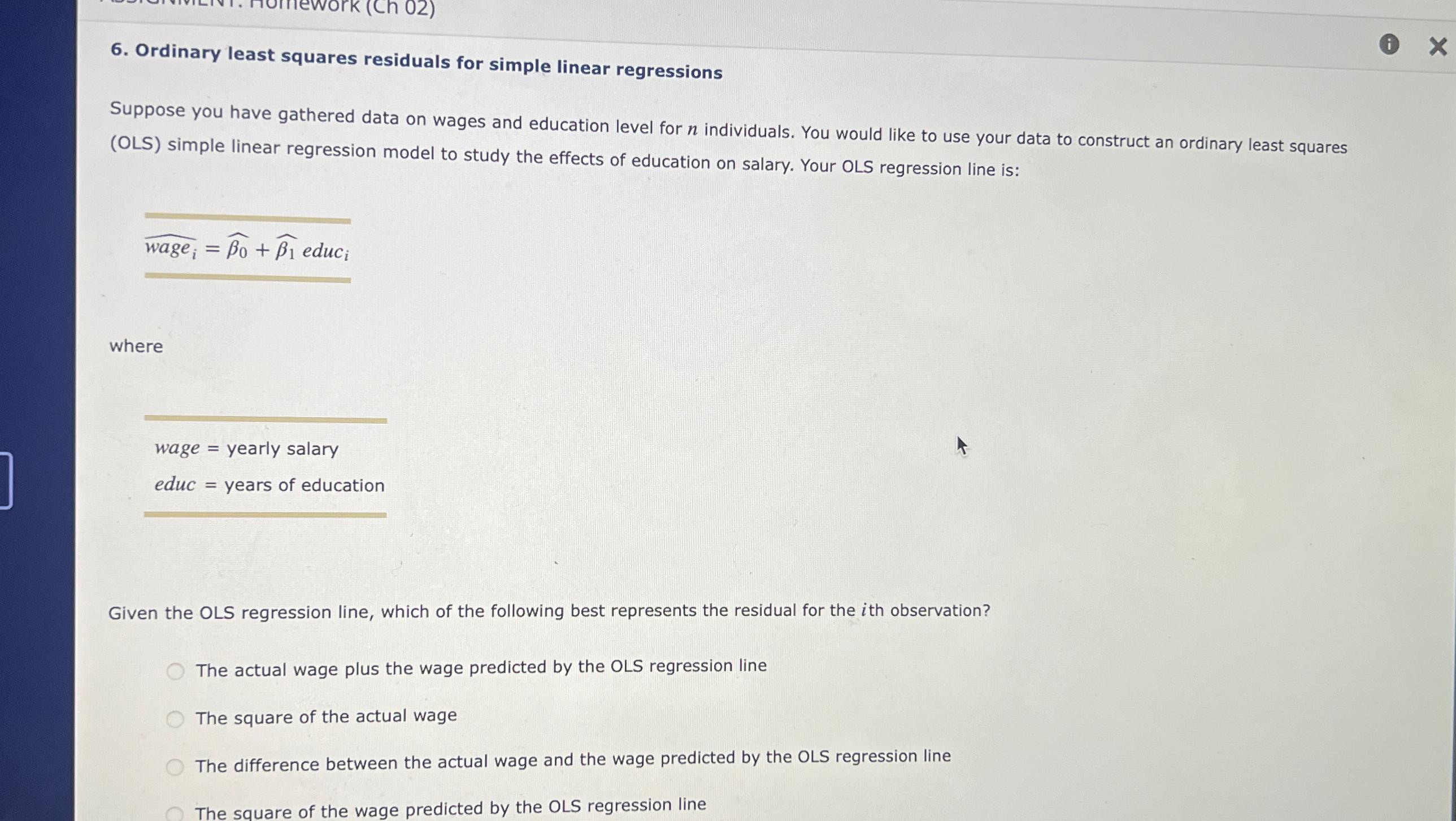 Solved Ordinary least squares residuals for simple linear | Chegg.com