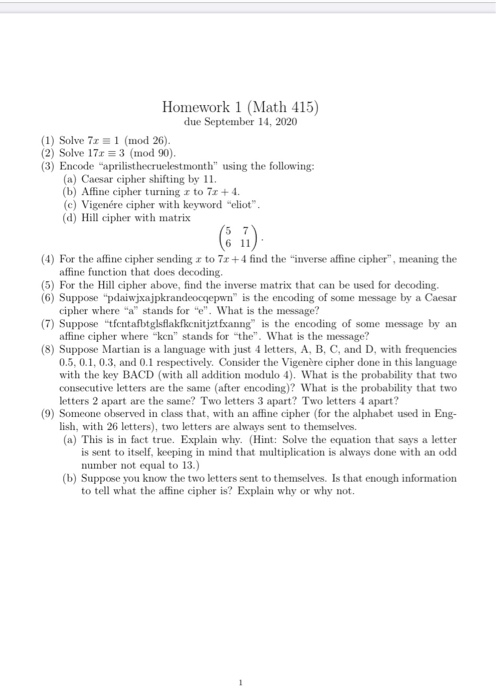 Solved (4) For the affine cipher sending x to 7.c +4 find | Chegg.com