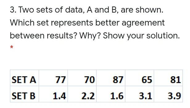 Solved 3. Two sets of data, A and B, are shown. Which set | Chegg.com