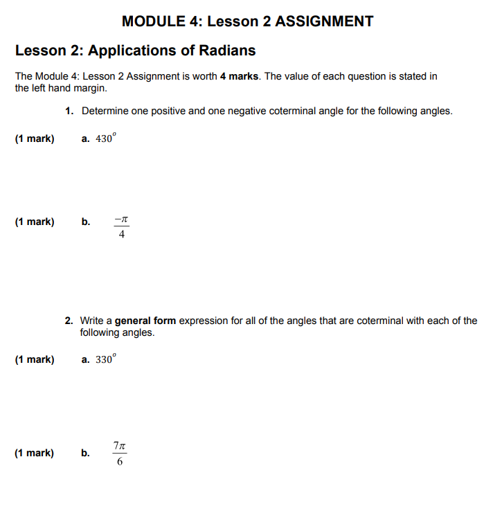 Solved MODULE 4: Lesson 1 ﻿ASSIGNMENT Lesson 1: Radians and | Chegg.com