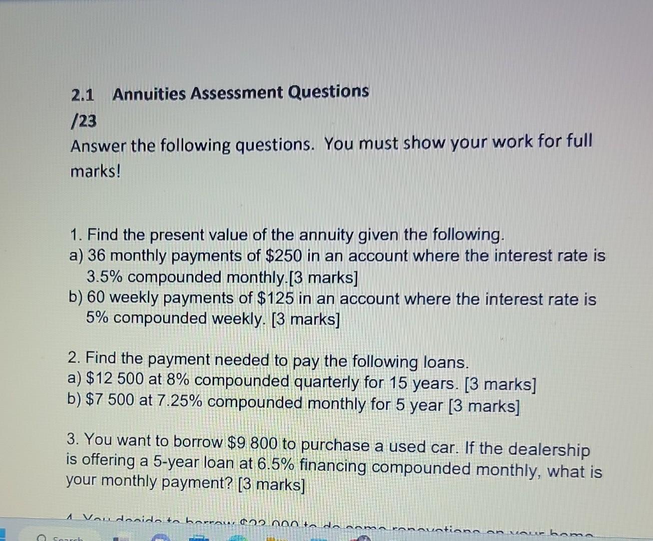 Solved 2.1 Annuities Assessment Questions 123 Answer the | Chegg.com