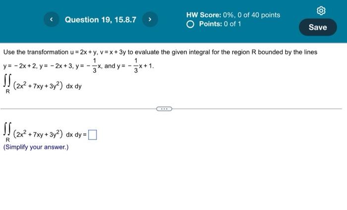 Solved Use the transformation u=2x+y,v=x+3y to evaluate the | Chegg.com
