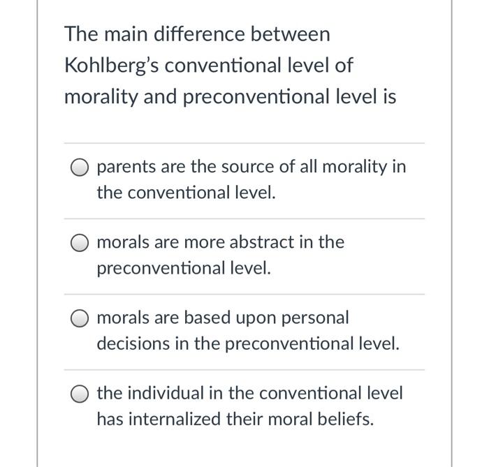 Solved The main difference between Kohlberg's conventional | Chegg.com