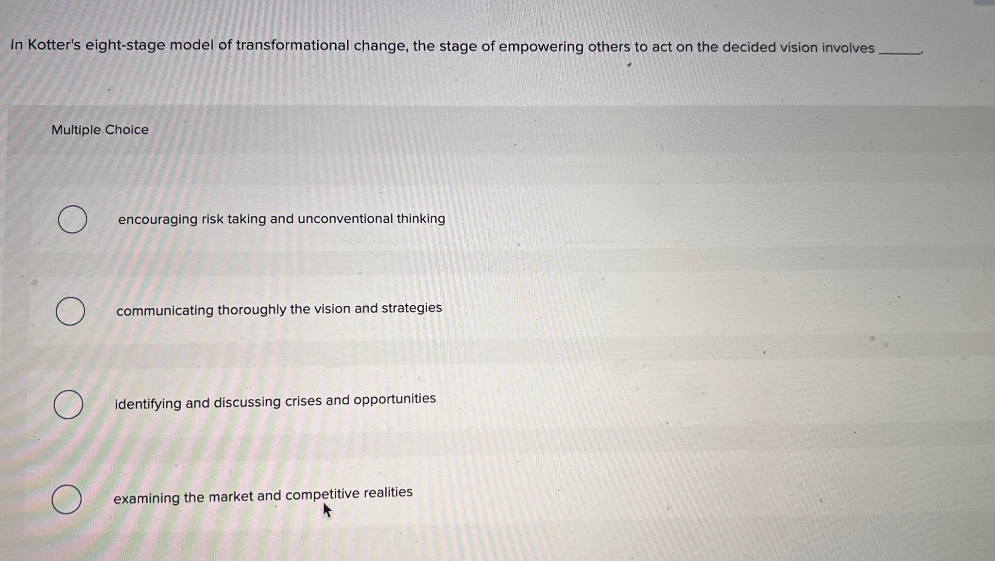 Solved In Kotter's eight-stage model of transformational | Chegg.com
