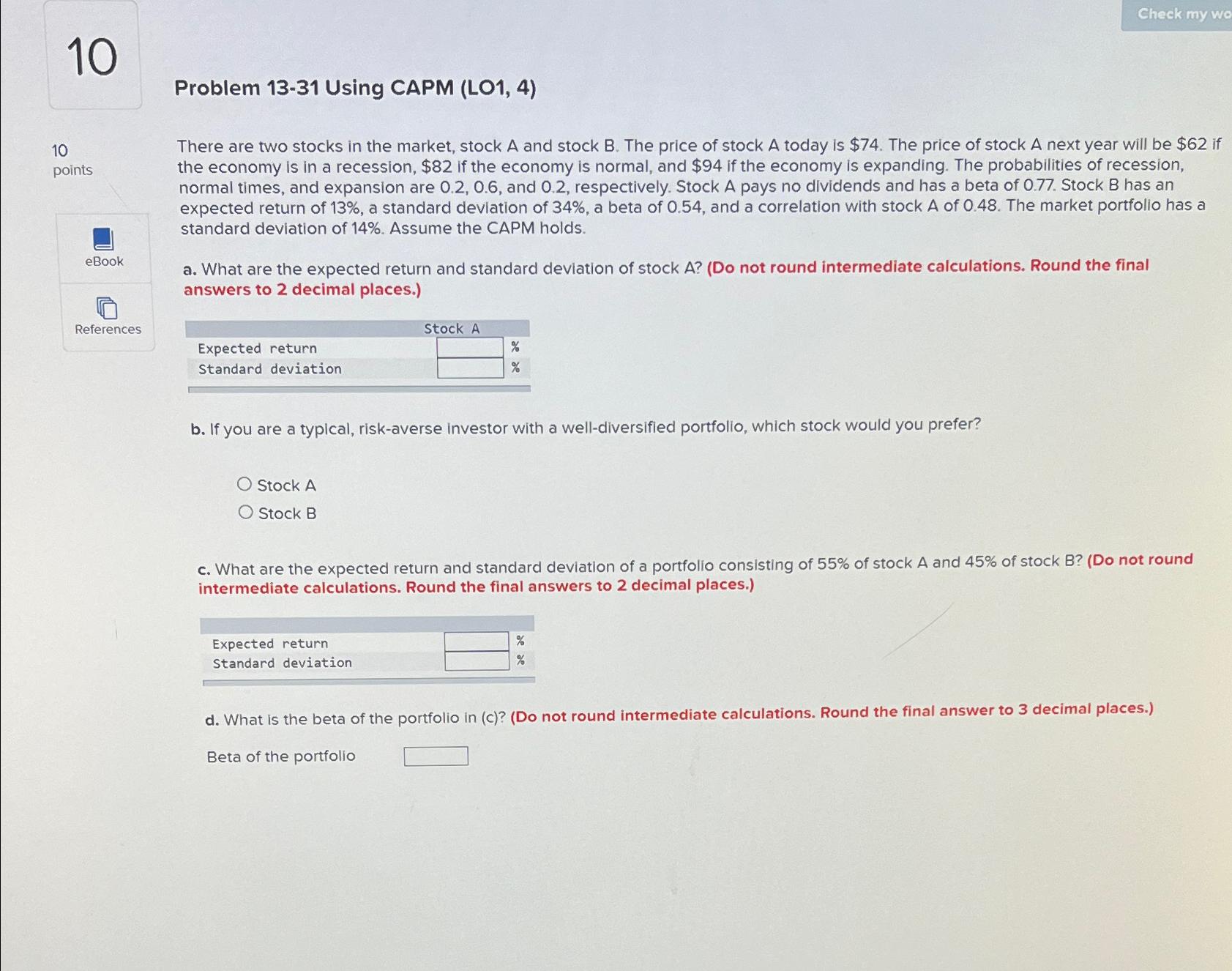 Solved Problem 13-31 ﻿Using CAPM (LO1, 4)10 | Chegg.com