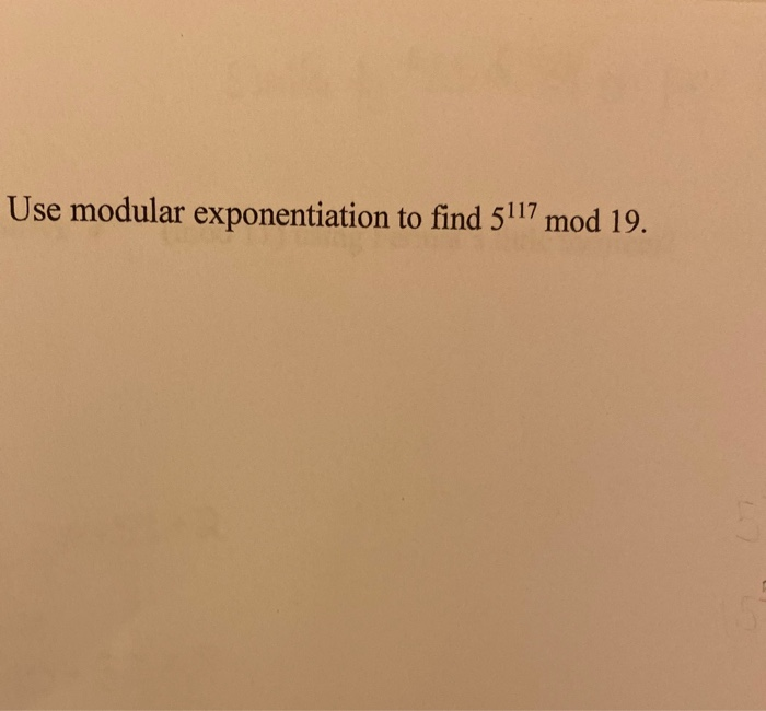 Solved Use modular exponentiation to find 5117 mod 19. | Chegg.com