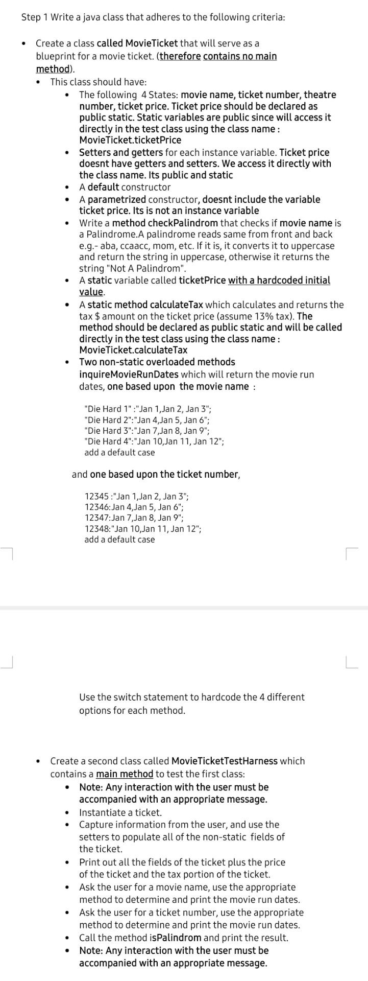 Solved - Create a class called MovieTicket that will serve | Chegg.com