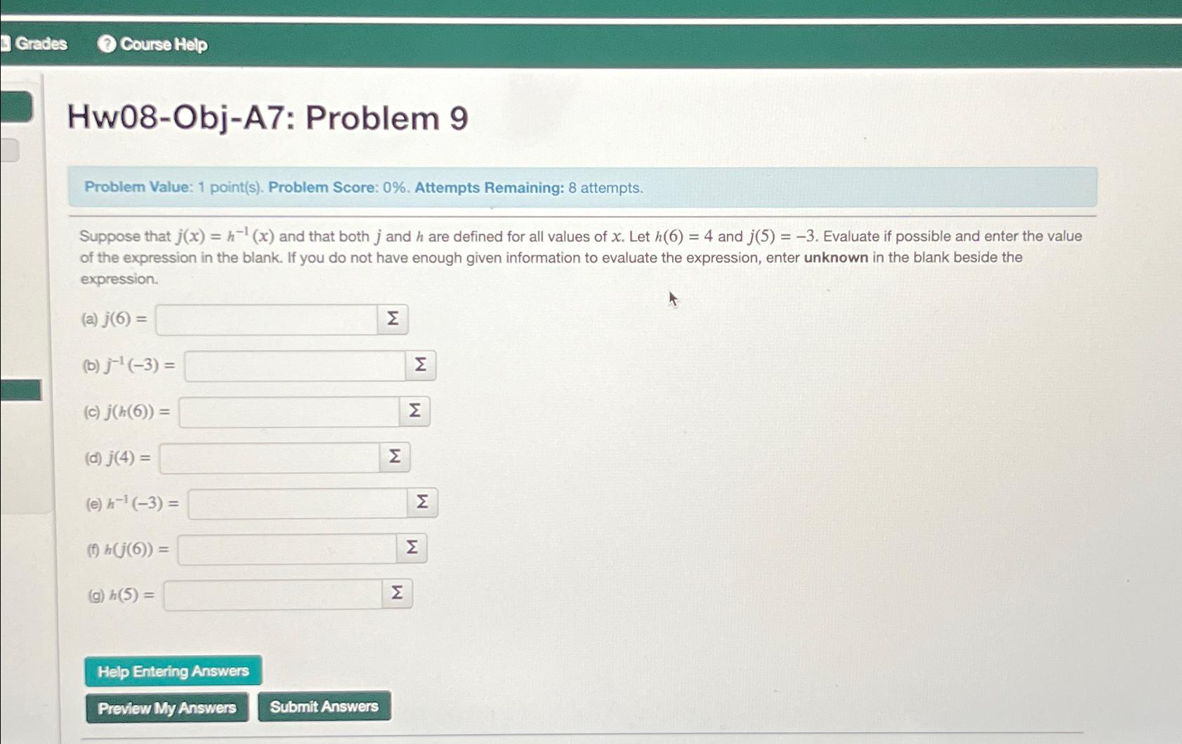 Solved GradesCourse HelpHw08-Obj-A7: Problem 9Problem Value: | Chegg.com