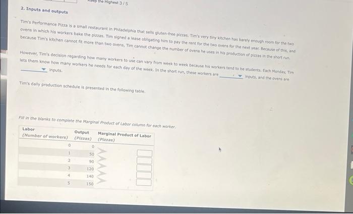 Solved 2. Inputs and outputs Tim's Performance Pizza is a | Chegg.com