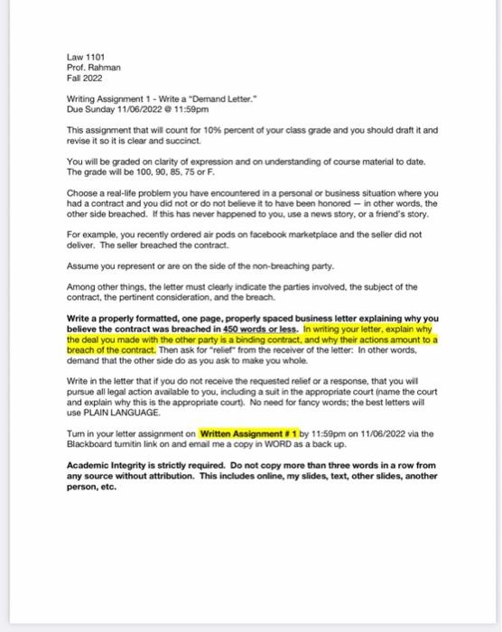 Law 1101 Prof. Rahman Fall 2022 Writing Assignment 1 | Chegg.com
