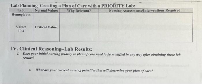 Solved Lab Planning-Creating a Plan of Care with a PRIORITY | Chegg.com