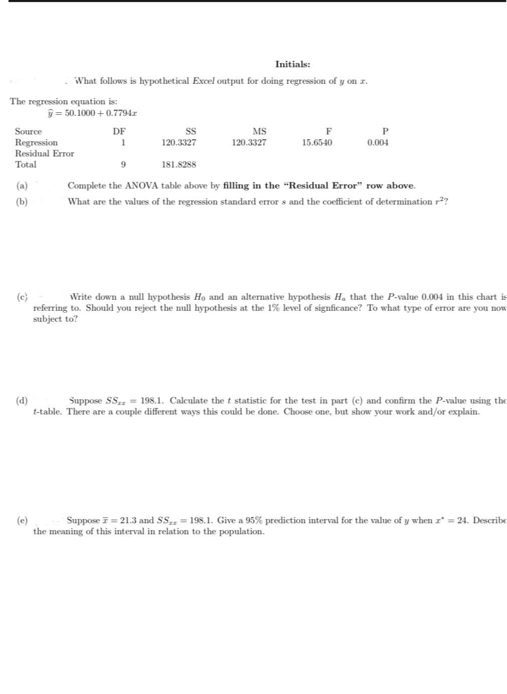 Solved Initials:What follows is hypothetical Excel output | Chegg.com