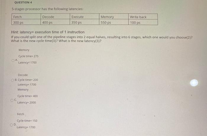 Solved 5 stages processor has the following latencies: Fetch | Chegg.com