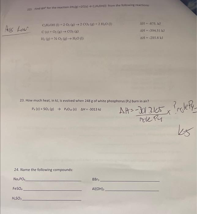 Solved 22) Find ΔH−for the reaction 2H2(g)+2C(s)→CH3OH(I) | Chegg.com