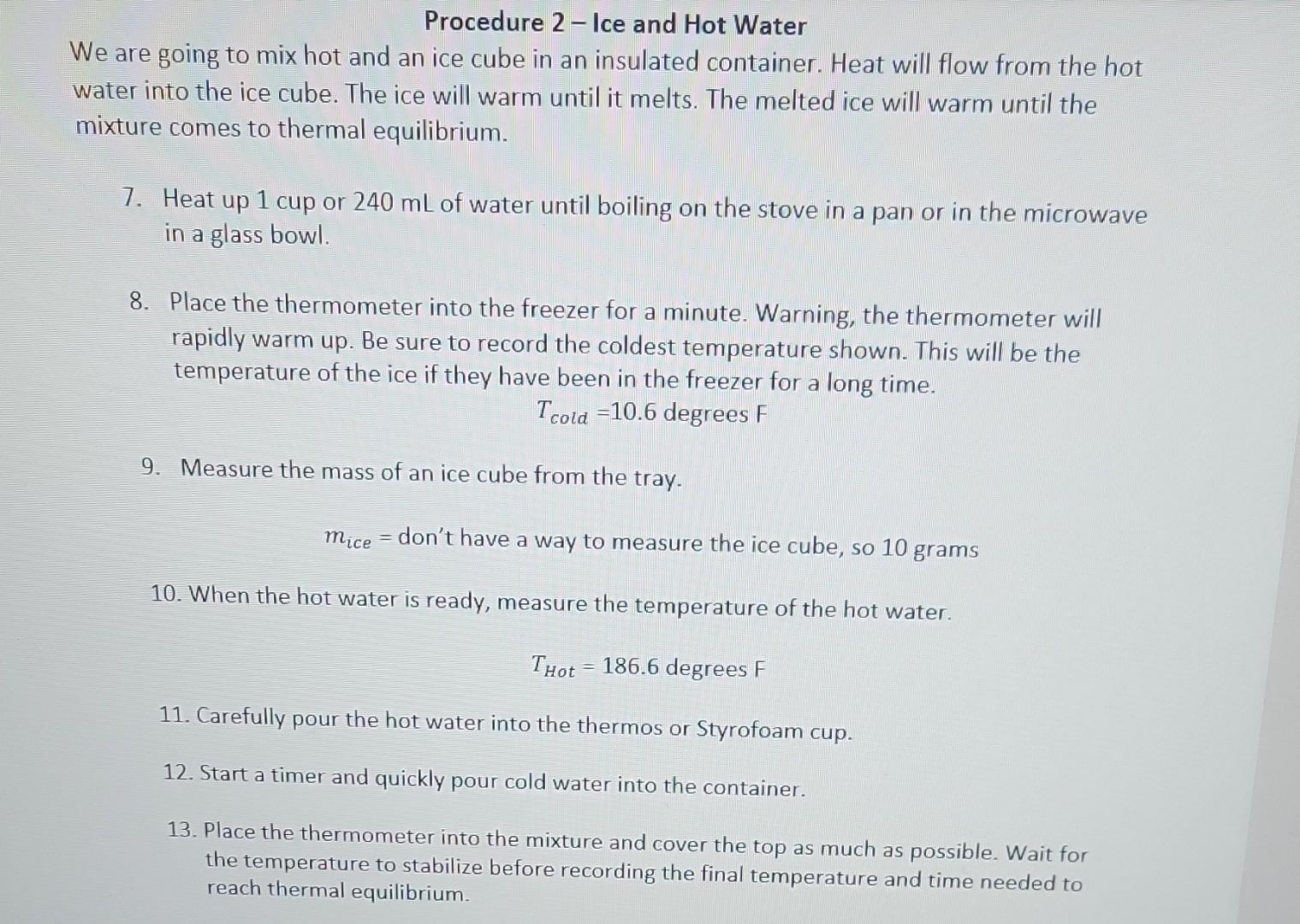 Solved Procedure 2- Ice and Hot Water Ne are going to mix | Chegg.com