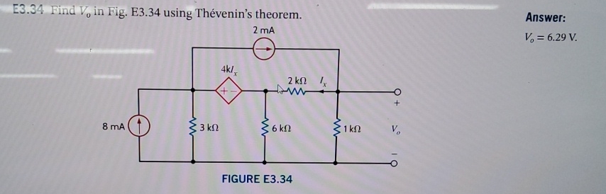 Solved E3.34 ﻿Find V0 ﻿in Fig. E3.34 ﻿using Thévenin's | Chegg.com