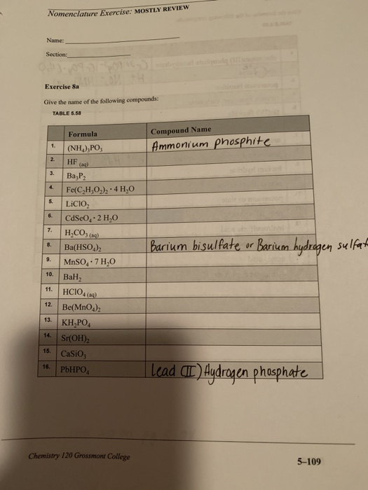 Solved Nomenclature Exercise: MOSTLY REVIEW Name: Section: | Chegg.com