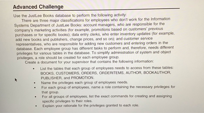 Solved Advanced Challenge Use the JustLee Books database to | Chegg.com