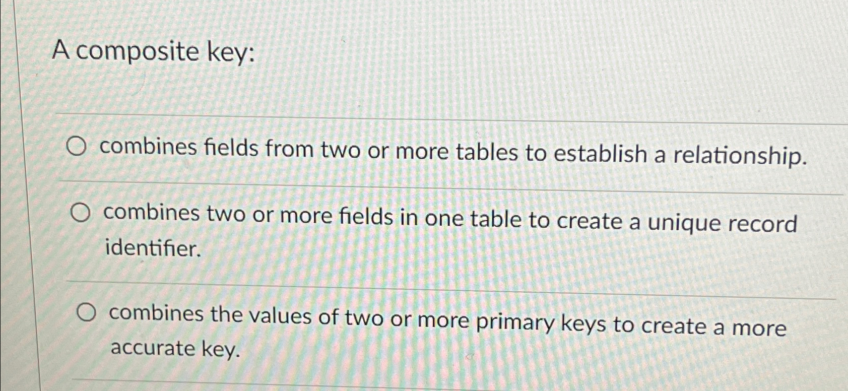 Solved A composite key:combines fields from two or more | Chegg.com