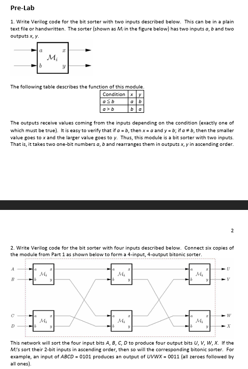 Solved Pre-Lab 1. ﻿Write Verilog code for the bit sorter | Chegg.com