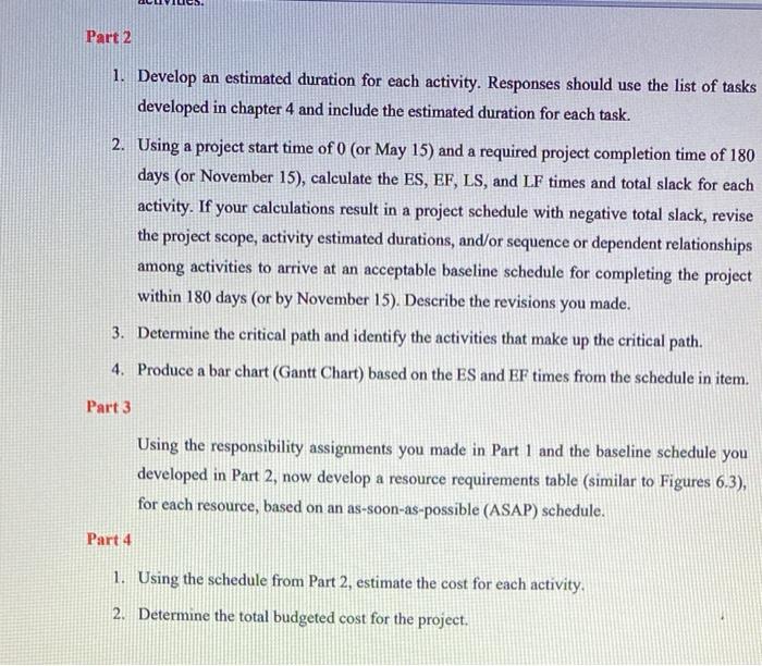 Solved Part 2 1. Develop an estimated duration for each | Chegg.com