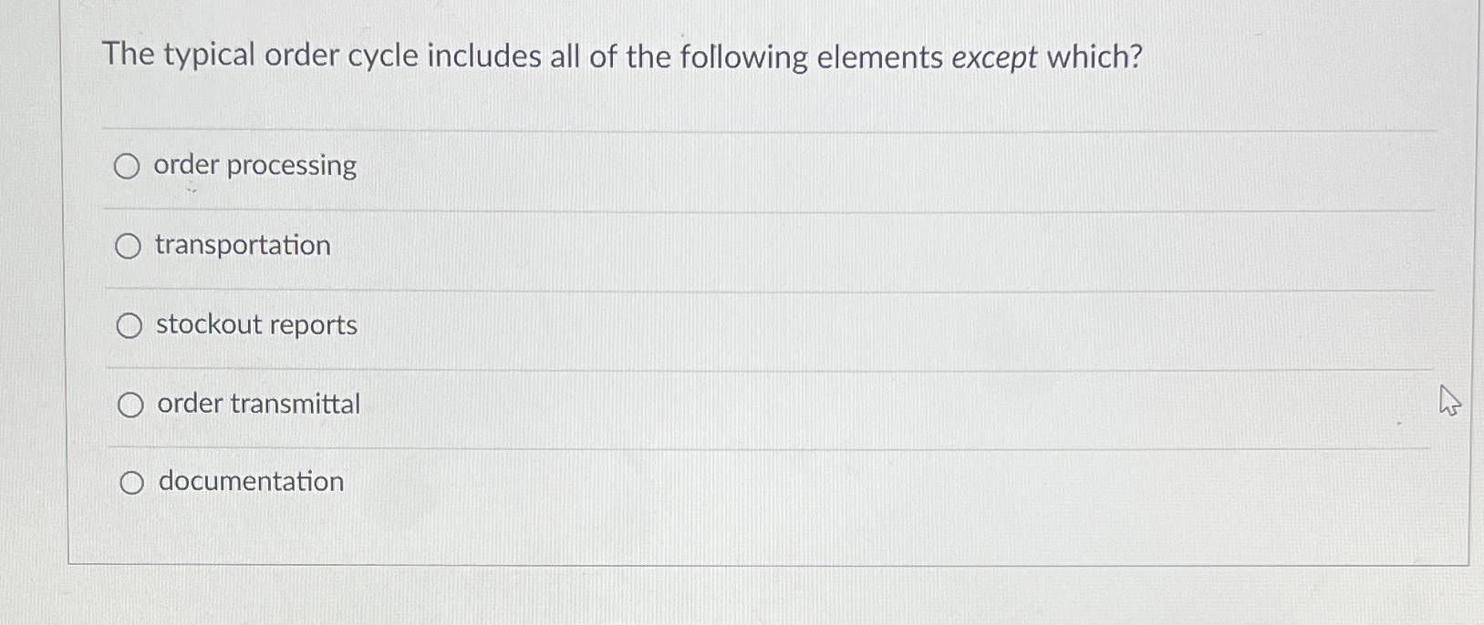 Solved The typical order cycle includes all of the following | Chegg.com