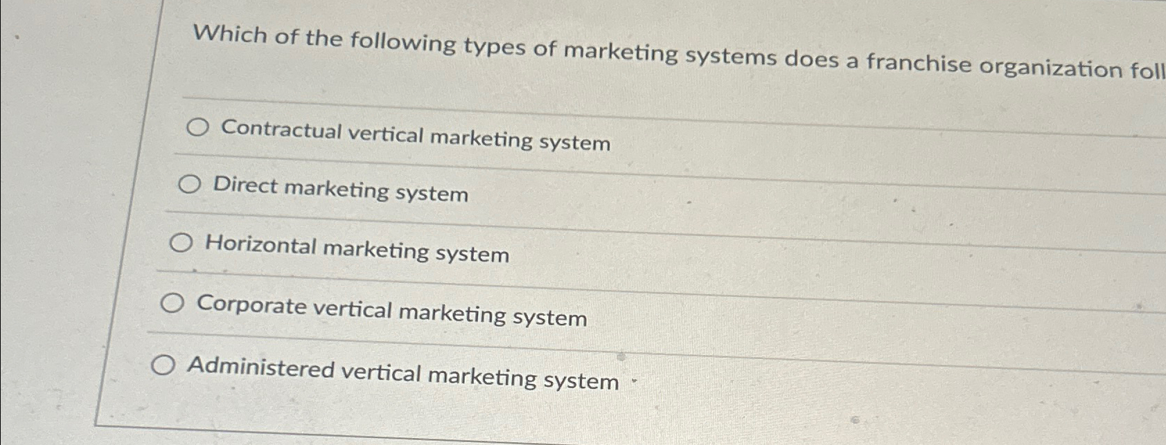 Solved Which of the following types of marketing systems | Chegg.com