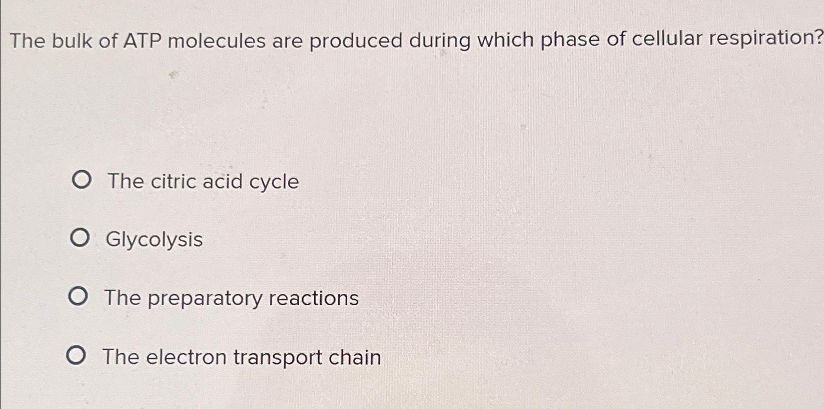Solved The bulk of ATP molecules are produced during which | Chegg.com