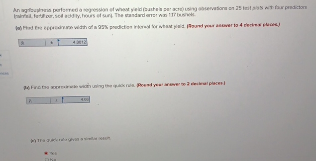 Solved An agribusiness performed a regression of wheat yield | Chegg.com
