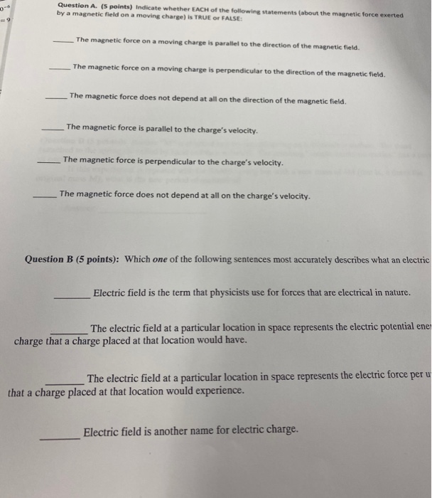 Solved Question A. (S points) Indicate whether EACH of the | Chegg.com