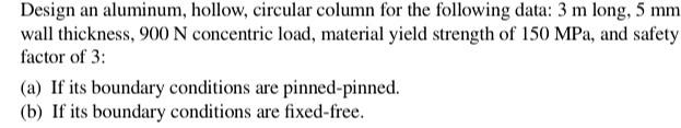 Solved Design an aluminum, hollow, circular column for the | Chegg.com