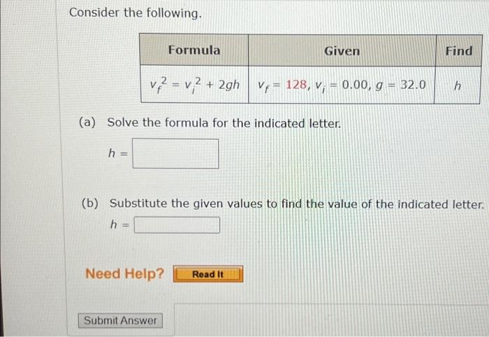 Solved Consider the following. (a) Solve the formula for the | Chegg.com