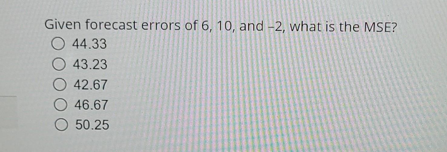 Solved Given forecast errors of 6,10 , and -2 , what is the | Chegg.com