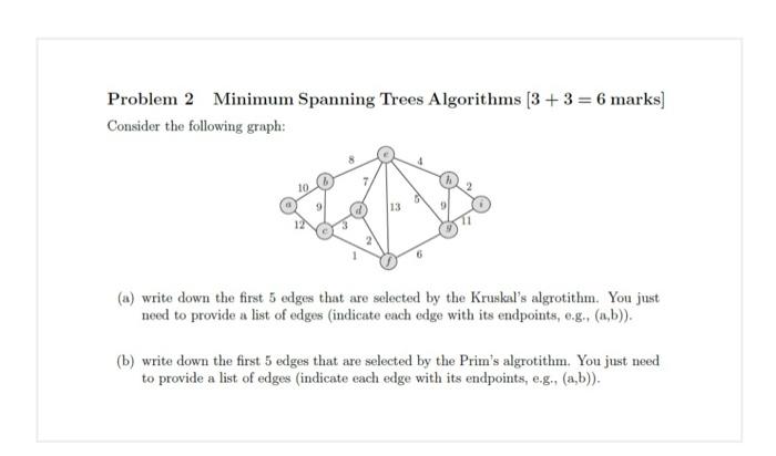 Solved Problem 2 Minimum Spanning Trees Algorithms [ 3+3=6 | Chegg.com