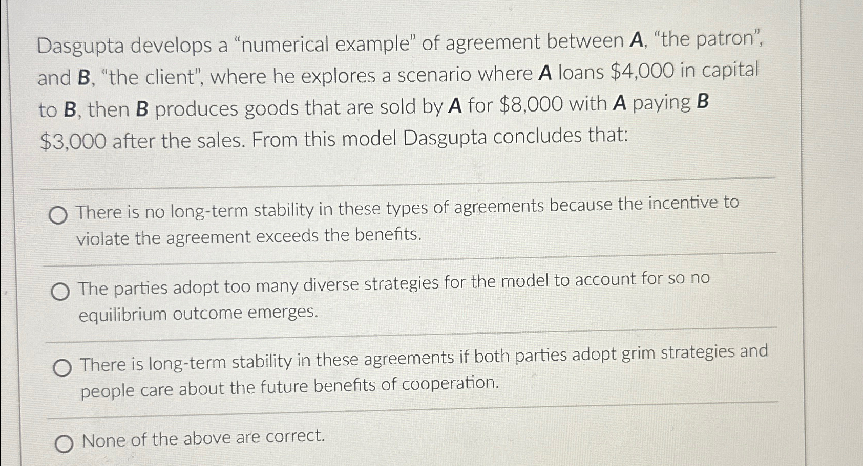 Solved Dasgupta develops a "numerical example" of agreement | Chegg.com