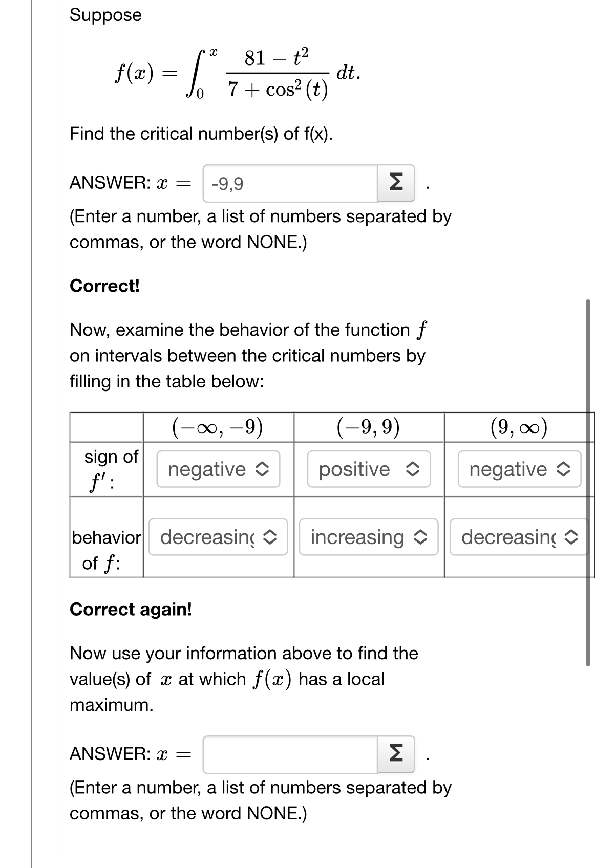 Solved Supposef(x)=∫0x81-t27+cos2(t)dt.Find the critical | Chegg.com