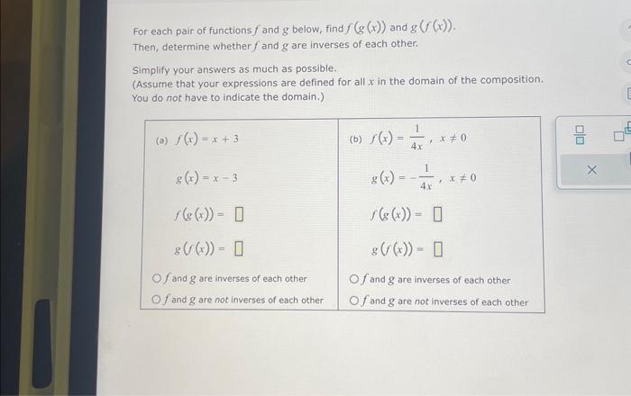 Solved For each pair of functions f and g below, find | Chegg.com